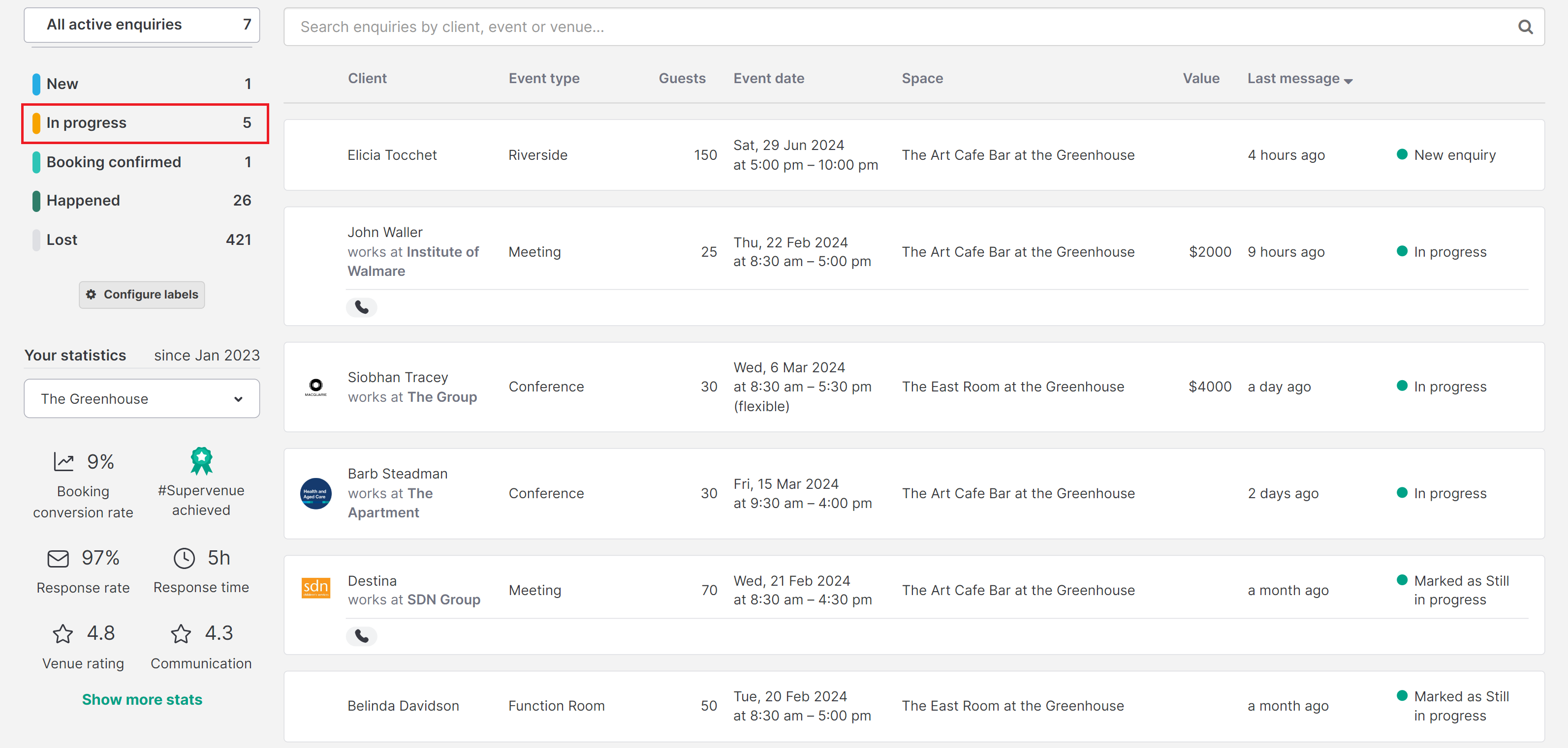 What are the sections "New" and "In progress" in the "My Enquiries" tab ...